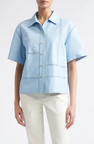 Lafayette 148 New York Ladder Stitch Paneled Leather Shirt - Ice Water