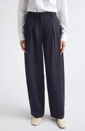 Lafayette 148 New York Wyatt Pleated Cotton & Linen Barrel Leg Pants - Navy