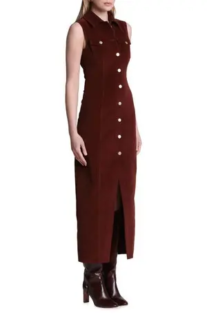 Avec Les Filles Sleeveless Stretch Corduroy Maxi Dress With Button Front And Chest Pockets