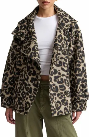 Avec Les Filles Leopard Print Funnel Neck Cocoon Coat - Beige/brown Leopard