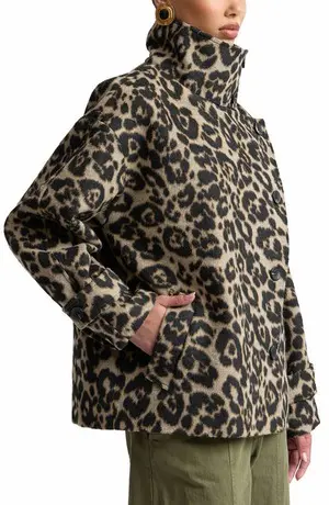 Avec Les Filles Leopard Print Funnel Neck Cocoon Coat