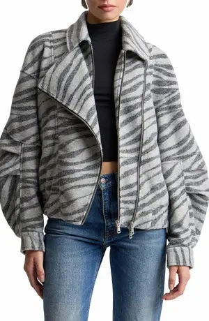 Avec Les Filles Zebra Jacquard Layered Bomber Jacket - Grey Zebra