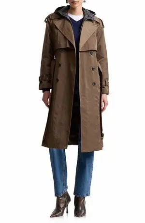 Avec Les Filles Crinkled Nylon Trench Coat With Hooded Bib Inset - Moss Plaid