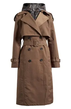 Avec Les Filles Crinkled Nylon Trench Coat With Hooded Bib