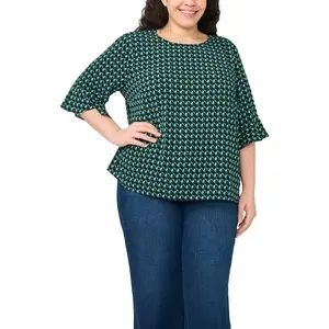 CECE DUPRAZ Ruffle Cuff Print Top - Deep Spruce