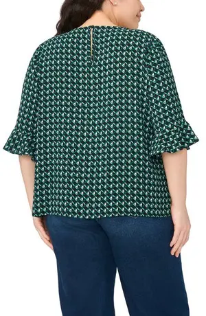 CECE DUPRAZ Ruffle Cuff Print Top - Deep Spruce