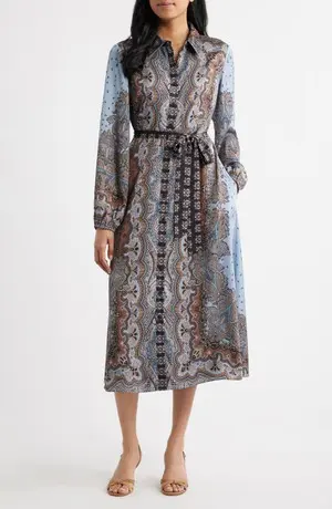 Julia Jordan Mixed Paisley Long Sleeve Midi Shirtdress - Blue Multi