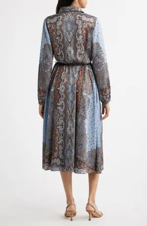 Julia Jordan Mixed Paisley Long Sleeve Midi Shirtdress - Blue Multi