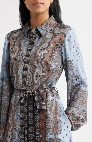 Julia Jordan Mixed Paisley Long Sleeve Midi Shirtdress - Blue Multi
