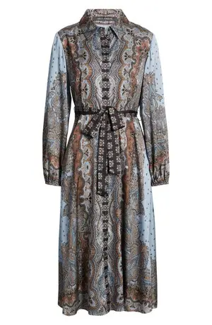 Julia Jordan Mixed Paisley Long Sleeve Midi Shirtdress - Blue Multi