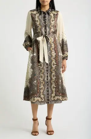 Julia Jordan Mixed Paisley Long Sleeve Midi Shirtdress - Sand Multi