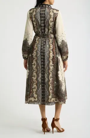 Julia Jordan Mixed Paisley Long Sleeve Midi Shirtdress - Sand Multi