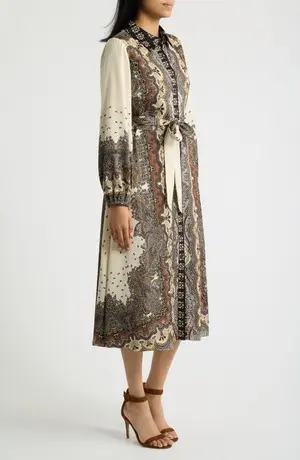 Julia Jordan Mixed Paisley Long Sleeve Midi Shirtdress - Sand Multi
