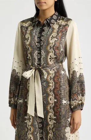 Julia Jordan Mixed Paisley Long Sleeve Midi Shirtdress - Sand Multi