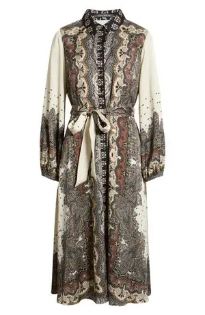 Julia Jordan Mixed Paisley Long Sleeve Midi Shirtdress - Sand Multi