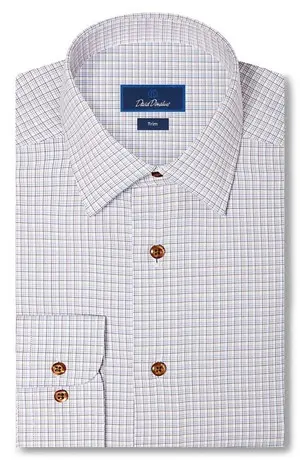 David Donahue Trim Fit Shadow Check Cotton Dress Shirt - White/chocolate