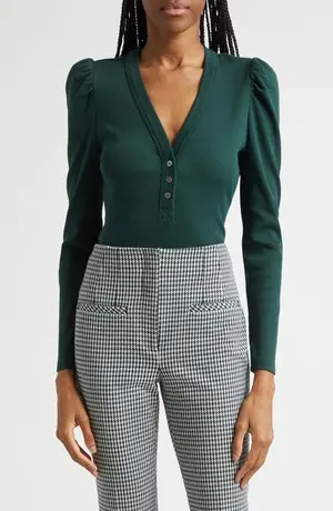Veronica Beard Dekalb Rib Puff Shoulder Henley - Pine