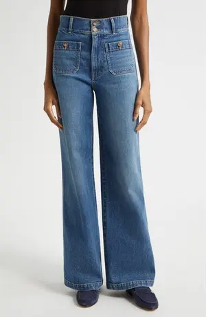 Veronica Beard Taylor High Waist Wide Leg Jeans - Memory Blue