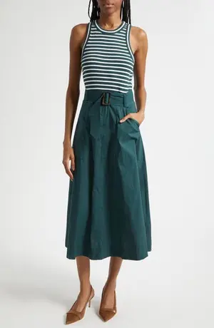 Veronica Beard Jordyn Mixed Media Stretch Cotton Midi Dress - Pine/white