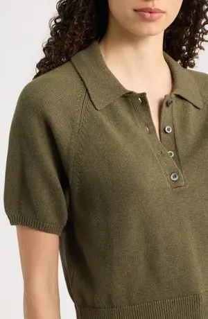 Paige Birch Puff Sleeve Organic Cotton Blend Polo Sweater - Mixed Herb