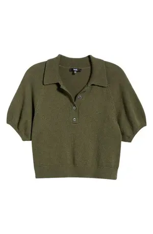 Paige Birch Puff Sleeve Organic Cotton Blend Polo Sweater - Mixed Herb