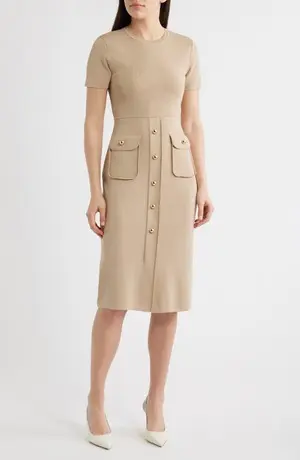Eliza J Fitted Midi Sweater Dress Oatmeal