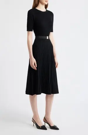 Eliza J Ribbed Fit & Flare Sweater Dress With Belt - Black