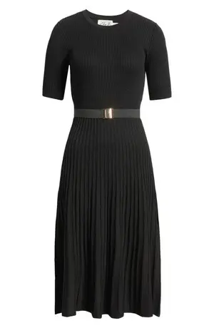 Eliza J Ribbed Fit & Flare Sweater Dress With Belt - Black