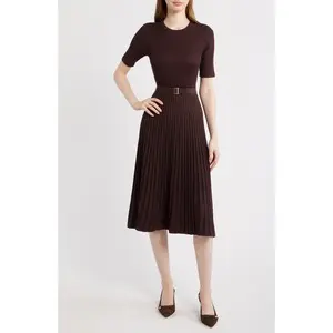 Eliza J Belted Fit & Flare Sweater Dress - Brown