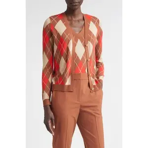 St. John Argyle Plaid Wool Blend Cardigan - Camel/rust/persimmon Multi