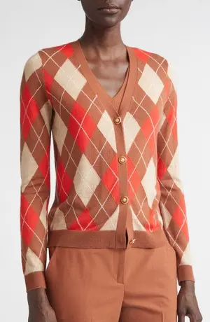 St. John Argyle Plaid Wool Blend Cardigan