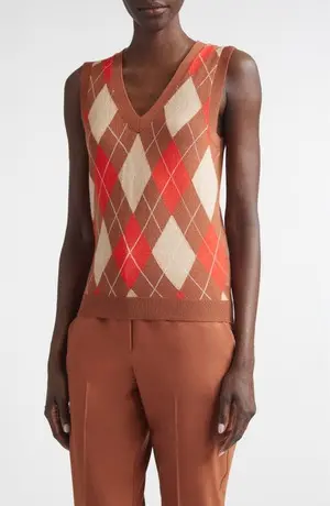 St. John Argyle Plaid Wool Blend Sweater Vest - Camel/rust/persimmon Multi