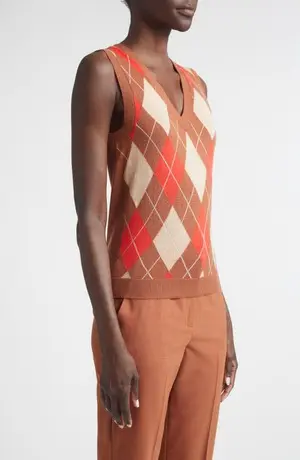 St. John Argyle Plaid Wool Blend Sweater Vest