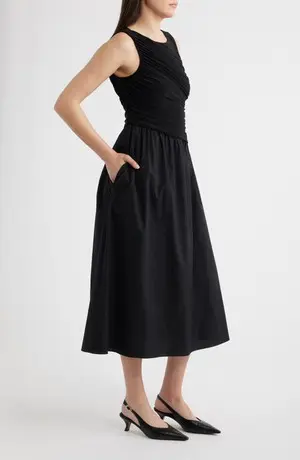 Vince Camuto Ruched Bodice Mixed Media Midi Dress
