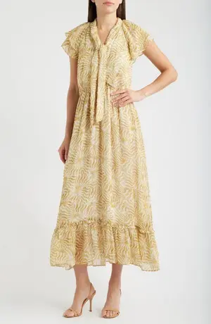 NIC+ZOE Lana Sunrays Tie Neck Tiered Maxi Dress - Yellow Multi