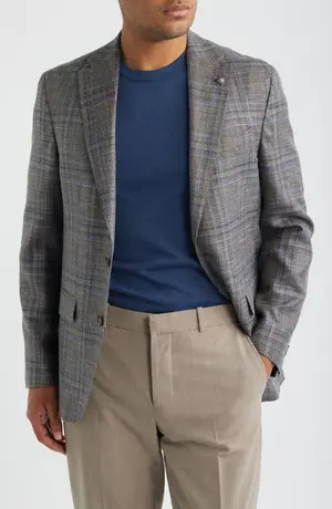 JACK VICTOR Midland Contemporary Fit Windowpane Check Slub Wool Blend Sport Coat - Brown