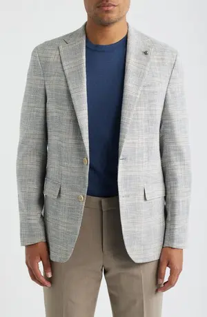 JACK VICTOR Midland Contemporary Fit Grey Windowpane Check Slub Wool & Silk Blend Sport Coat - Light Grey