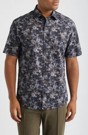Robert Barakett Kyoto Floral Short Sleeve Cotton Button-up Shirt - Black