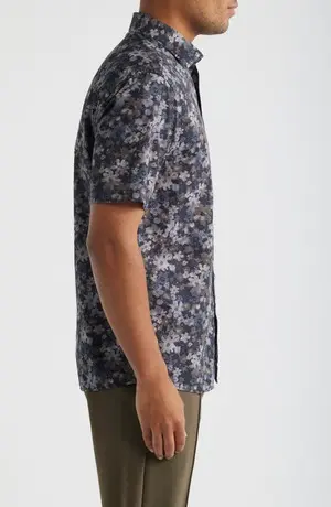 Robert Barakett Kyoto Floral Short Sleeve Cotton Button-up Shirt - Black