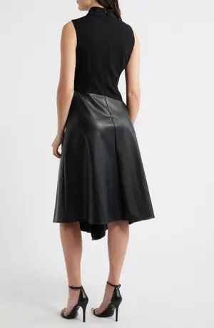 Maggy London Mixed Media Asymmetric Mock Neck Midi Dress