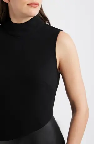 Maggy London Mixed Media Asymmetric Mock Neck Midi Dress
