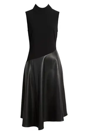 Maggy London Mixed Media Asymmetric Mock Neck Midi Dress