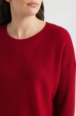 Eileen Fisher Merino Wool Ribbed Crewneck Sweater - Ruby