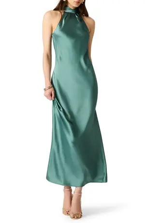 Steve Madden Alanah Halter Neck Satin Midi Dress - Dark Sage
