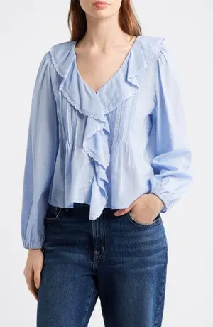 Madewell Lace Insert Ruffled Pintuck Long Sleeve Top - Tranquil Blue