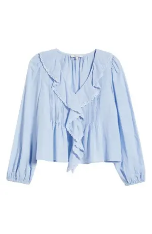 Madewell Lace Insert Ruffled Pintuck Long Sleeve Top