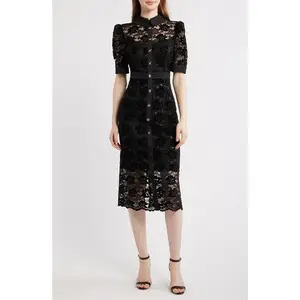 TAHARI ASL Lace Midi Shirtdress - Black