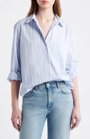 Madewell The Signature Stripe Cotton Poplin Y-neck Shirt The Signature Y-neck Shirt In Poplin - Tranquil Blue