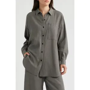 Eileen Fisher Classic Collar Organic Yarn-dyed Check Longline Button-up Shirt