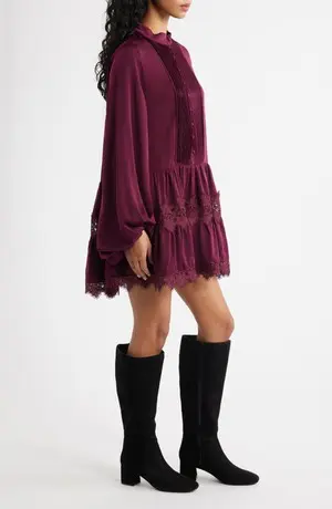 Bardot Antonia Lace Trim Long Sleeve Satin Minidress - Mulberry